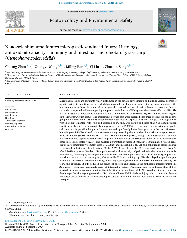 重点实验室成员在《Ecotoxicology and Environmental Safety》发表论文-长江上游鱼类资源保护官网